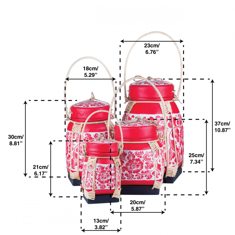 Small red & white hand-painted floral Thai rice box • Artifactio