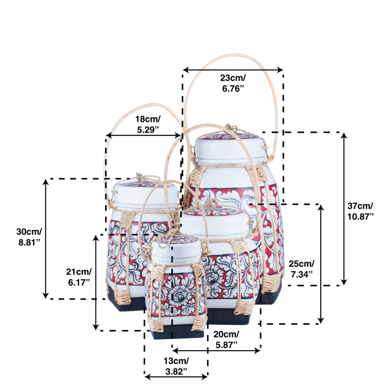 Small hand-made white and red floral design Thai rice box • Artifactio