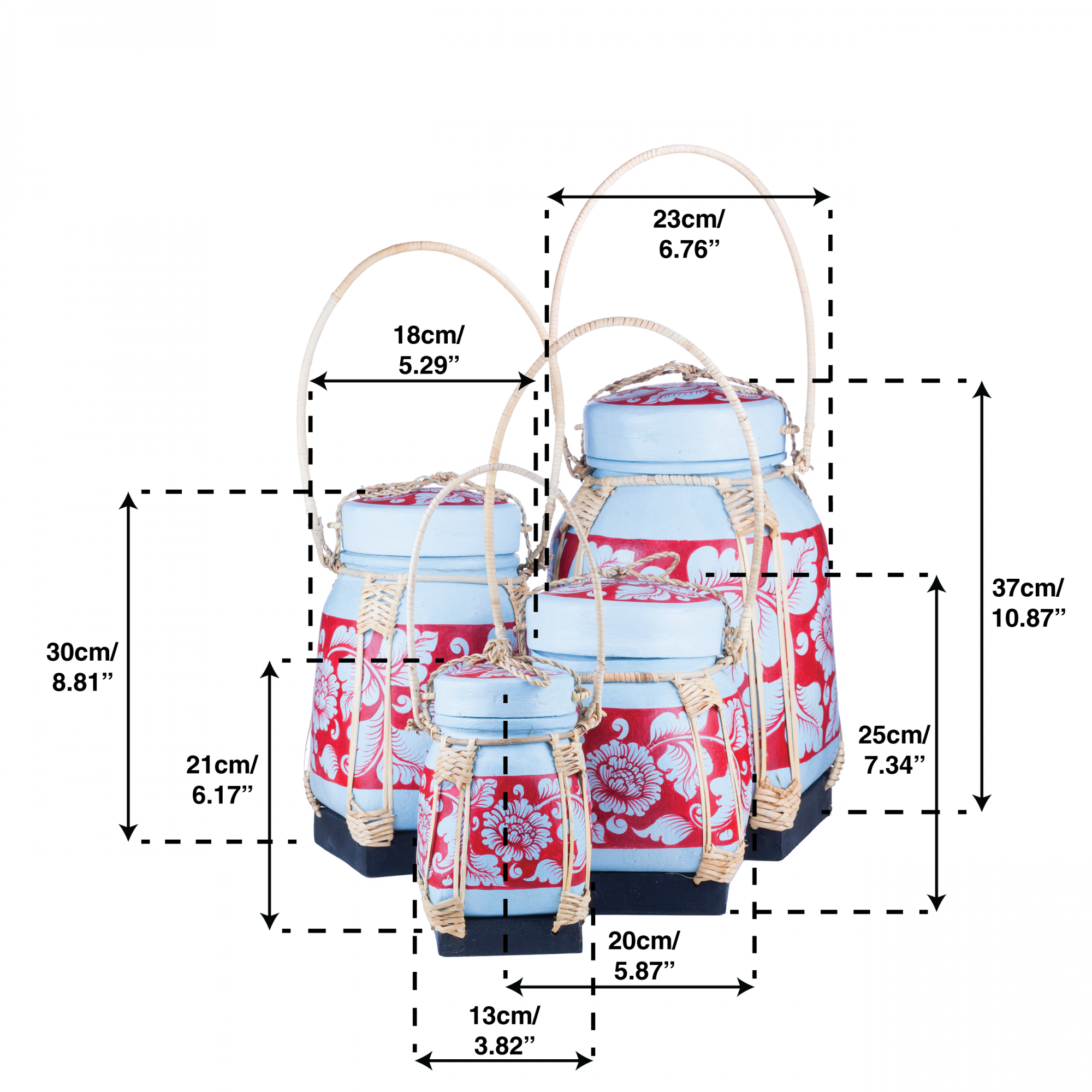 Small Hand-made Thai rice box with light blue floral design • Artifactio