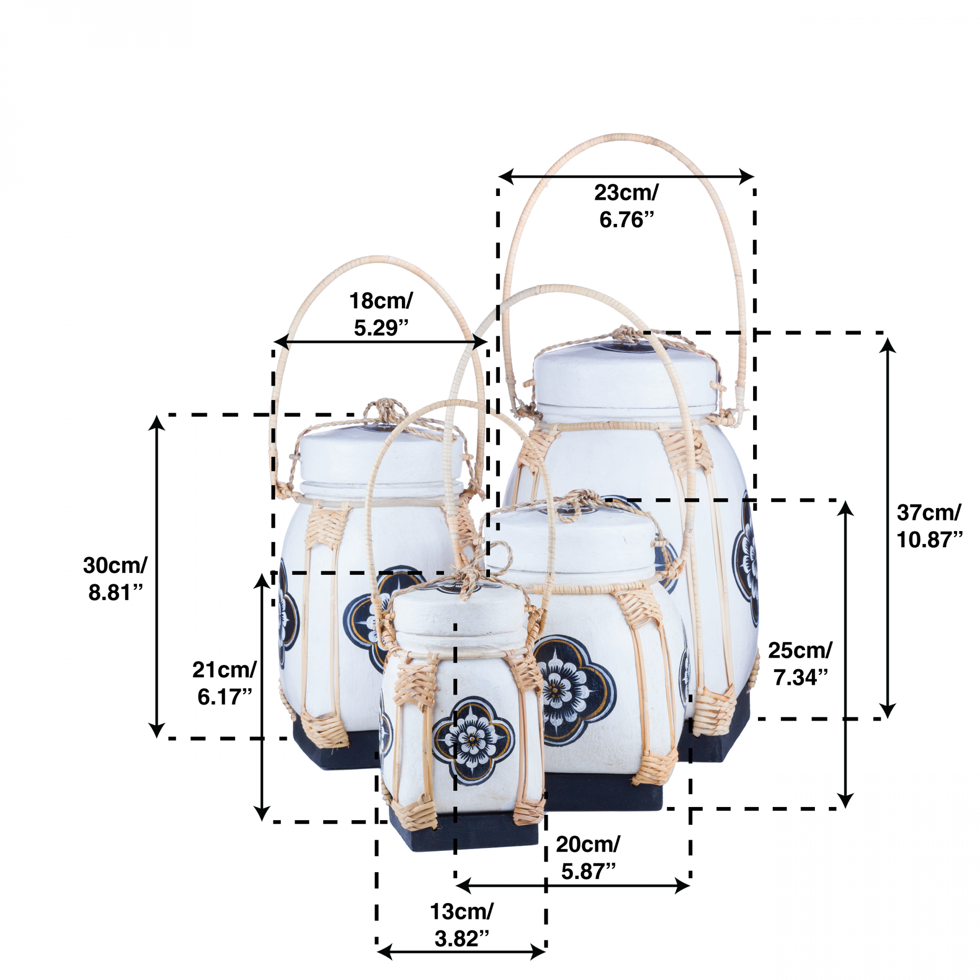 Small hand-made white and black floral design Thai rice box • Artifactio